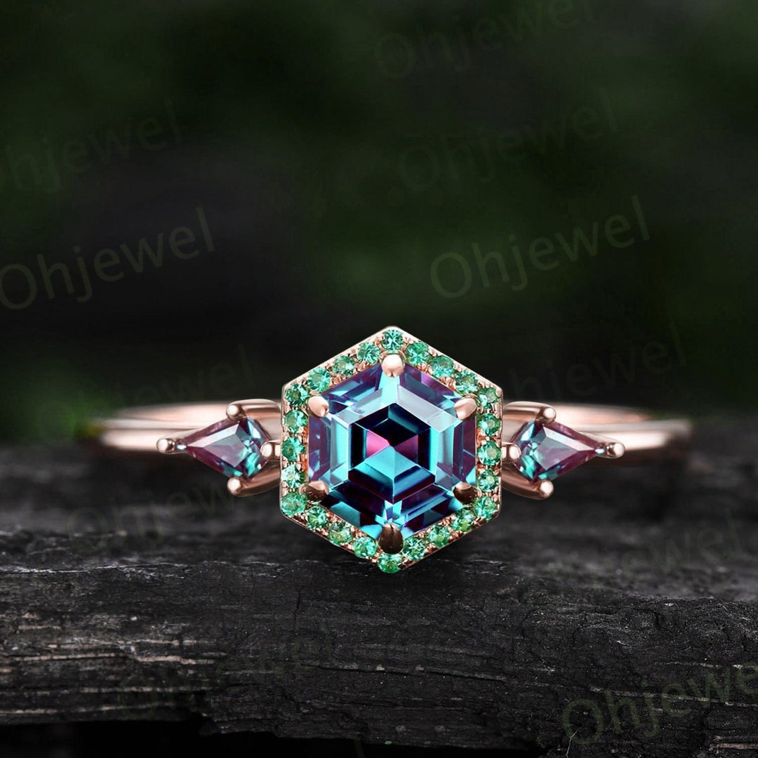 Hexagon Cut Alexandrite Ring Rose Gold Halo Emerald Ring Vintage Kite ...