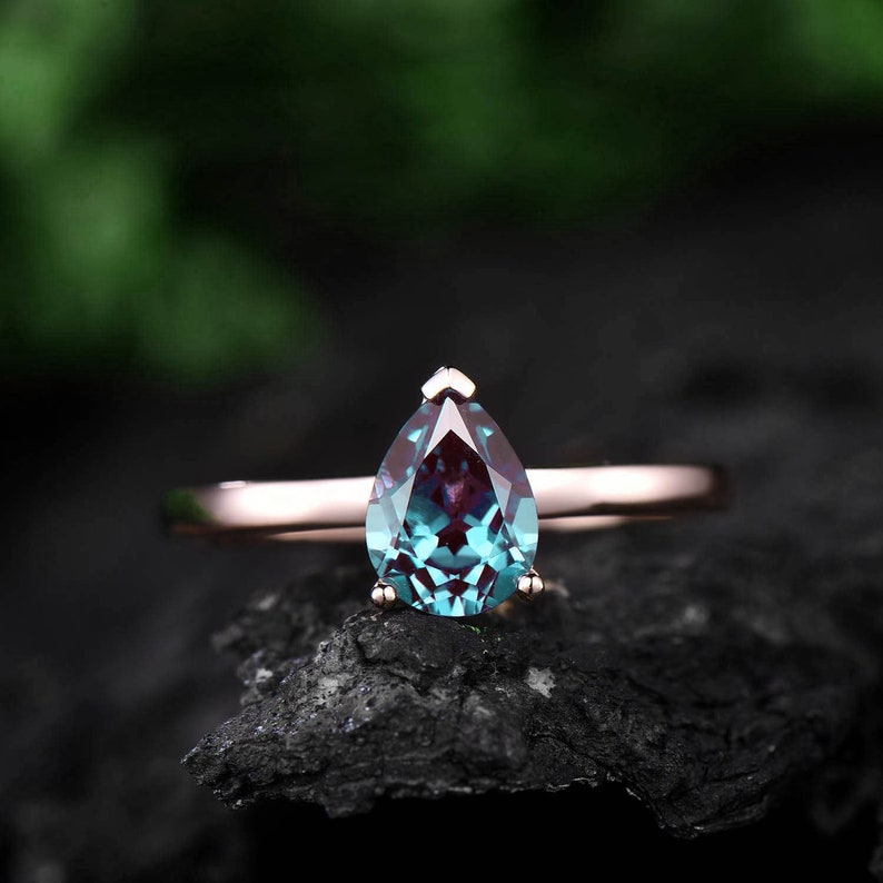 Pear Shaped Alexandrite Engagement Ring Solid 14k Rose Gold - Etsy