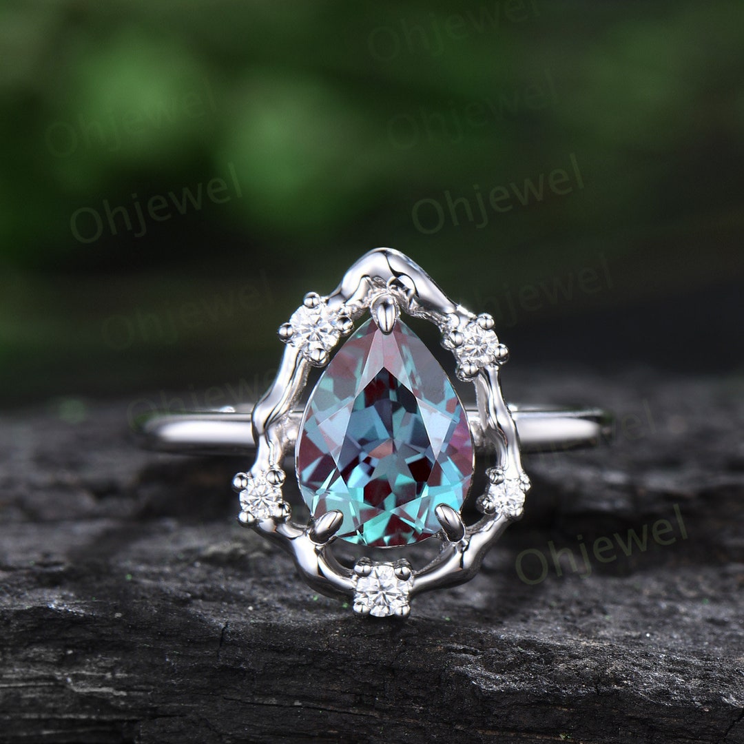 Vintage Pear Alexandrite Engagement Ring Leaf Nature Inspired Halo ...