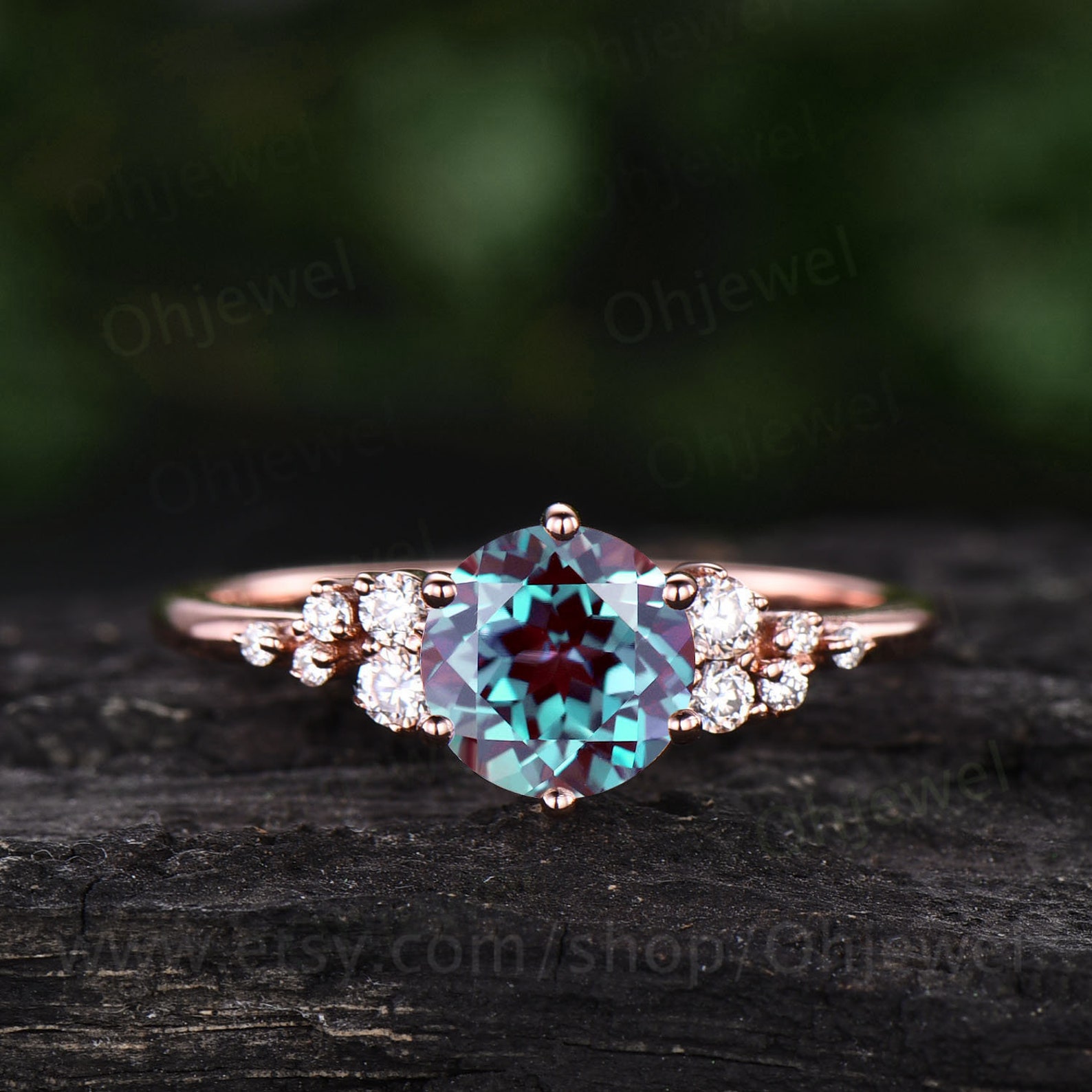 1ct Alexandrite Ring Gold Silver Cluster Vintage Alexandrite Engagement ...