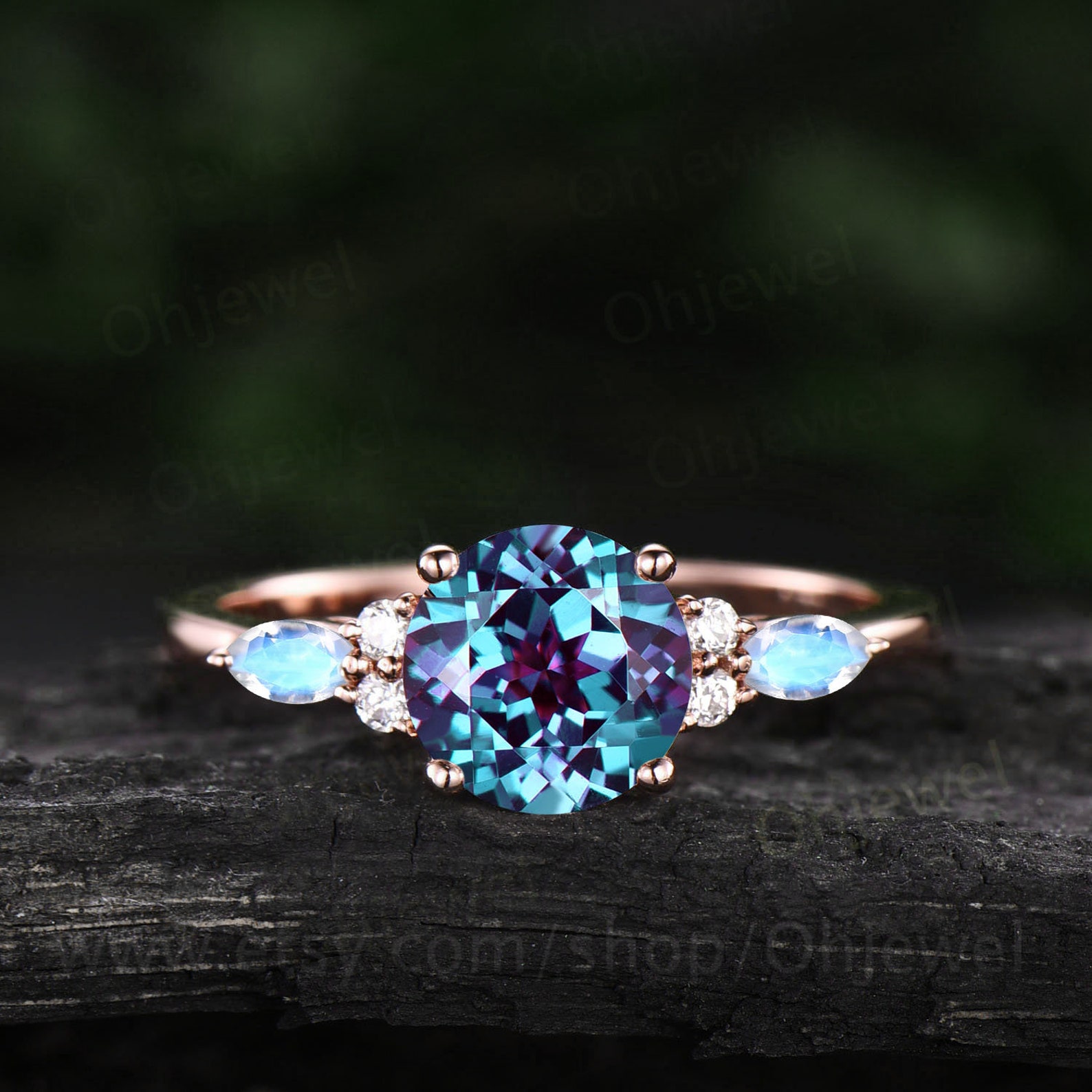 Round Alexandrite Engagement Ring 14k Rose Gold 7 Stone Unique | Etsy