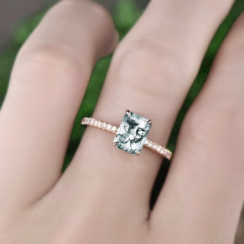 Green Moss Agate Ring Unique Emerald Cut Moss Agate Engagement Ring ...