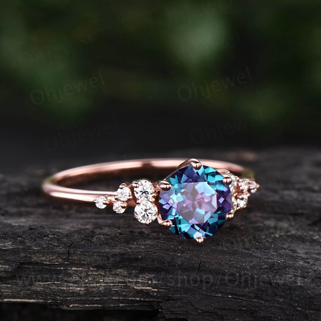 1ct Alexandrite Ring Gold Silver Cluster Vintage Alexandrite Engagement ...