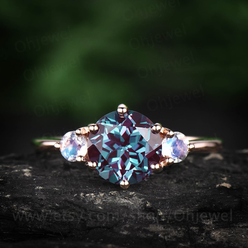 Three Stone Moonstone Ring Rose Gold Ring 7mm Round Color - Etsy