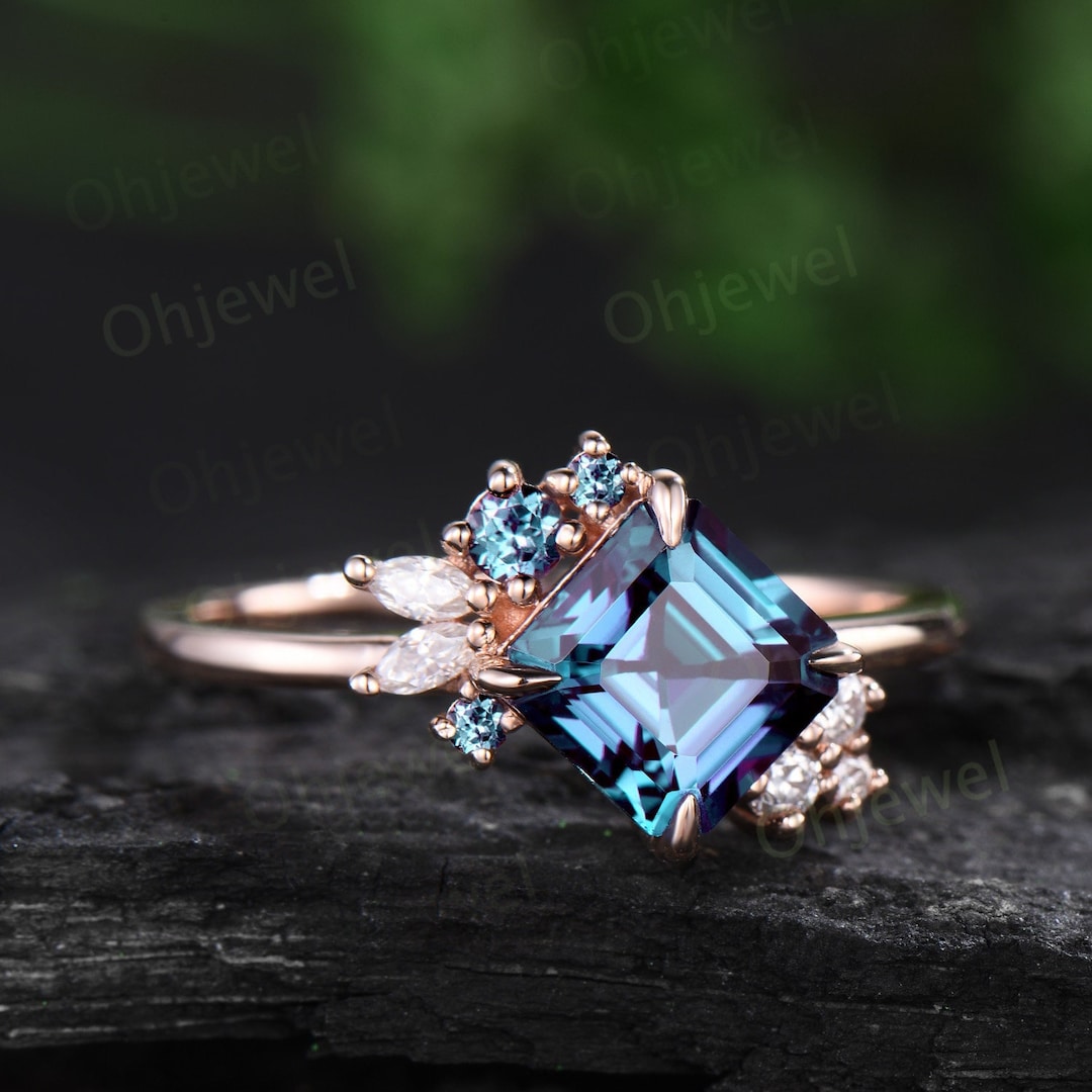 Asscher Cut Alexandrite Ring Women Unique Cluster Engagement Ring Rose ...
