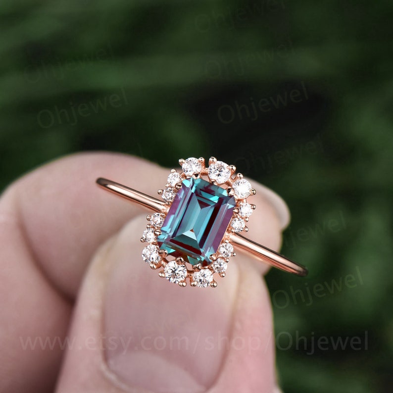 Cluster Halo Moissanite Ring Vintage Emerald Cut Alexandrite Engagement ...