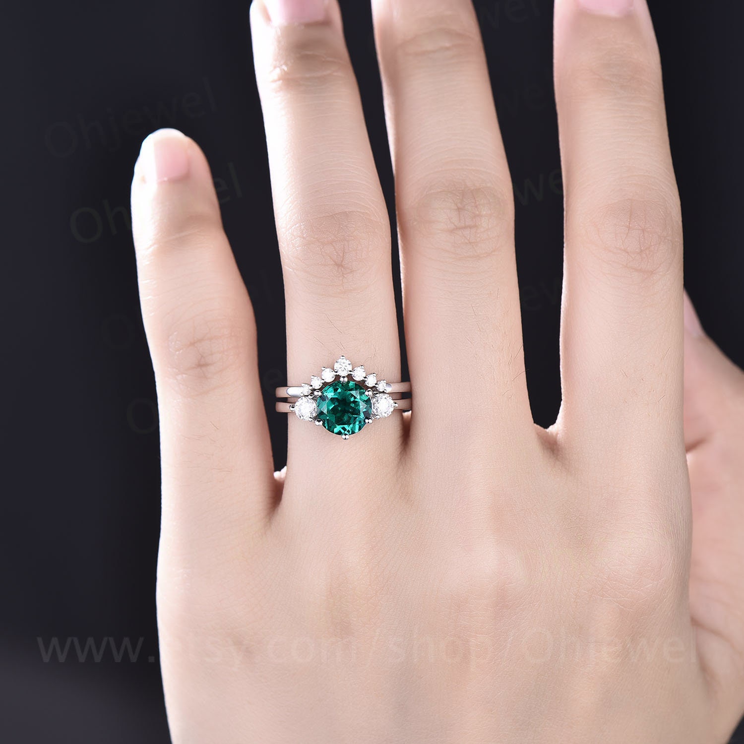 Three stone emerald engagement ring set rose gold 14K/18K | Etsy