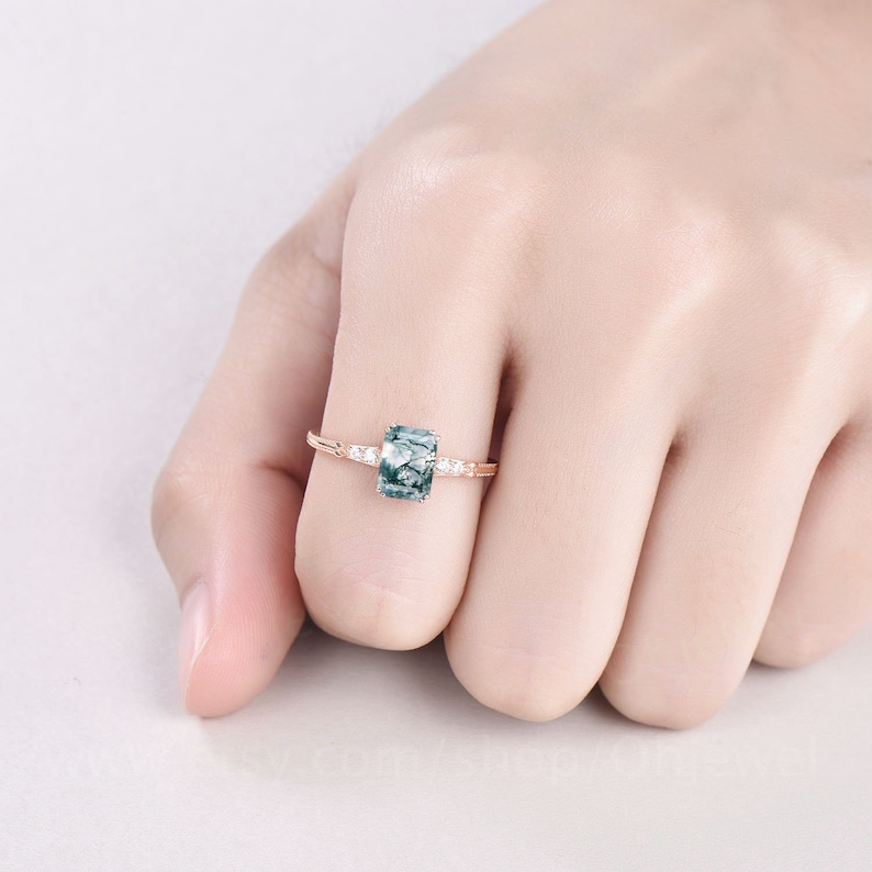Green Moss Agate Ring 6x8 Emerald Cut Moss Agate Ring Unique Moss Agate ...