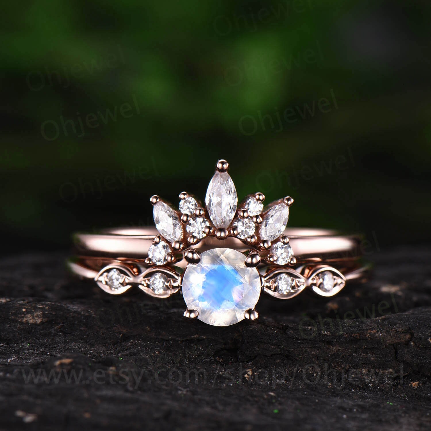 Vintage Moonstone Engagement Ring Set Natural Moonstone Ring - Etsy