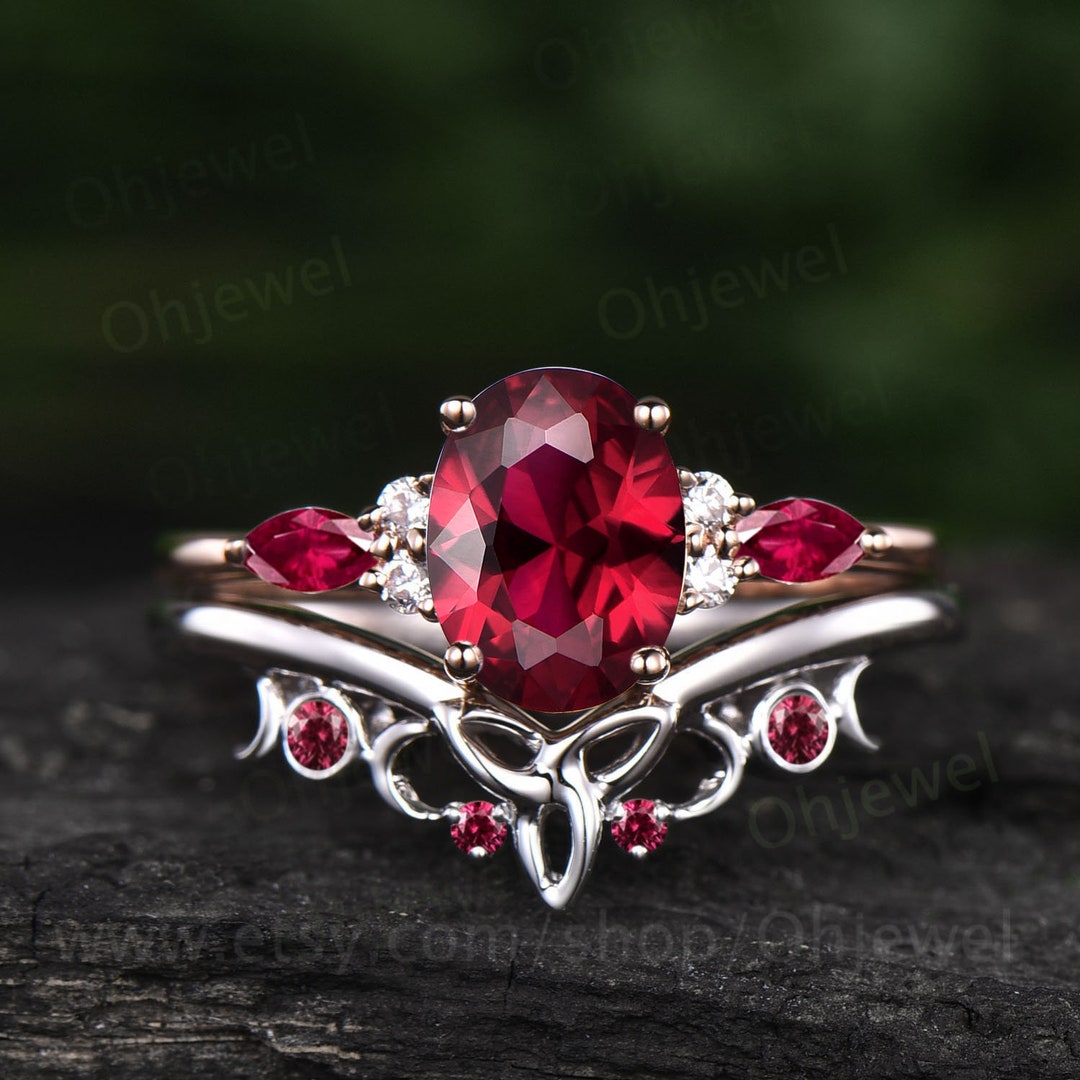 Oval Cut Red Ruby Ring Vintage Unique Engagement Ring Set Rose Gold Cluster Marquise Cut Ruby ...