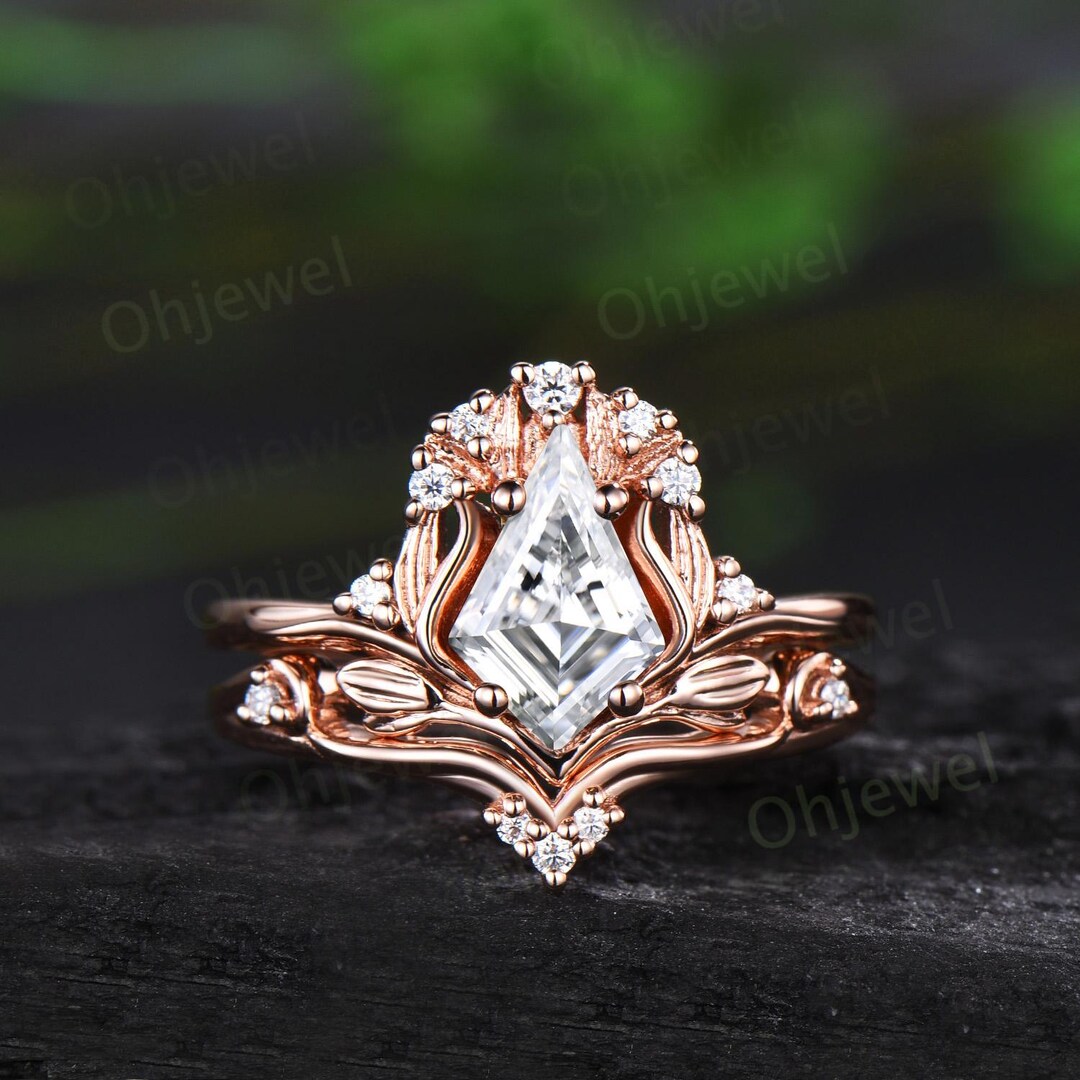 Kite Cut Moissanite Leaf Engagement Ring Set Stacking Cluster Nature ...