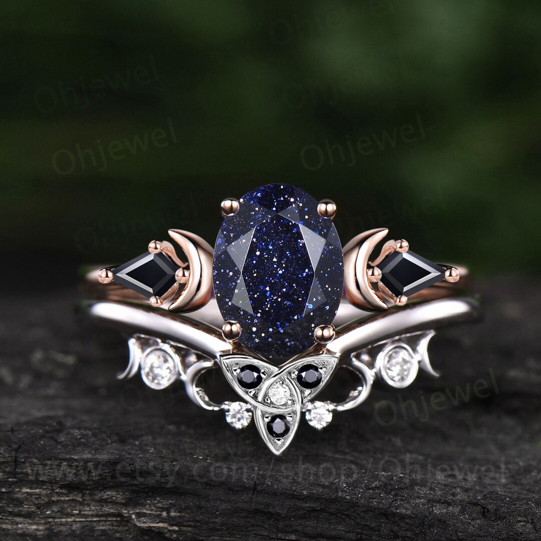 Vintage Oval Blue Sandstone Goldstone Engagement Ring 14k Rose Gold ...