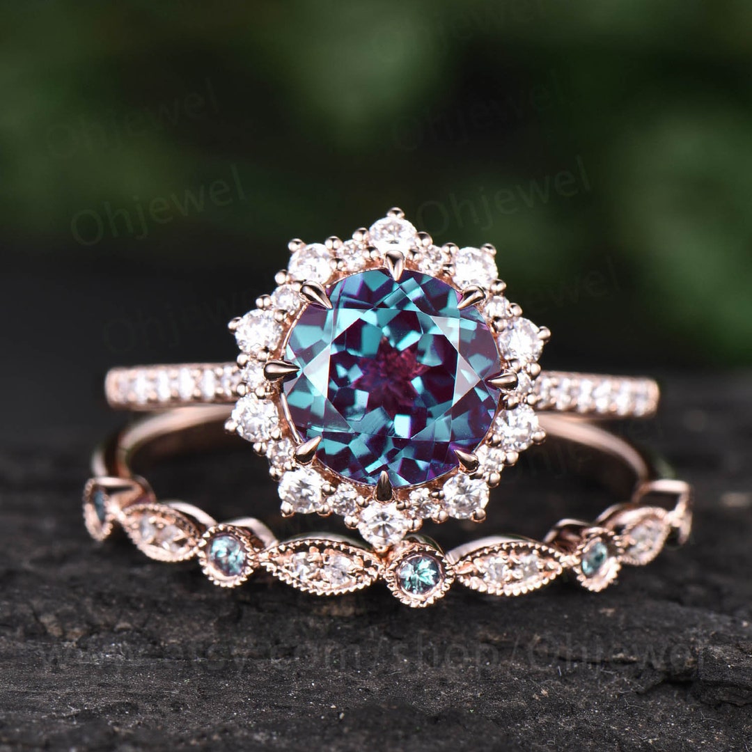 2ct Alexandrite Ring Set Vintage Alexandrite Engagement Ring Set Unique ...