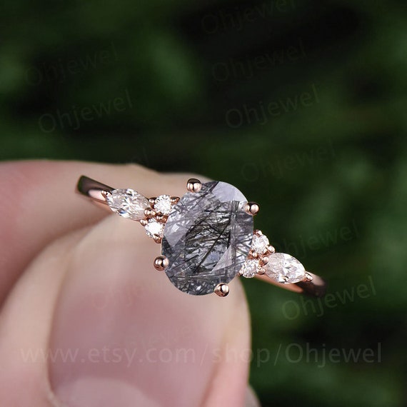 Oval Black Rutilated Quartz Engagement Ring Solid Rose Gold - Etsy