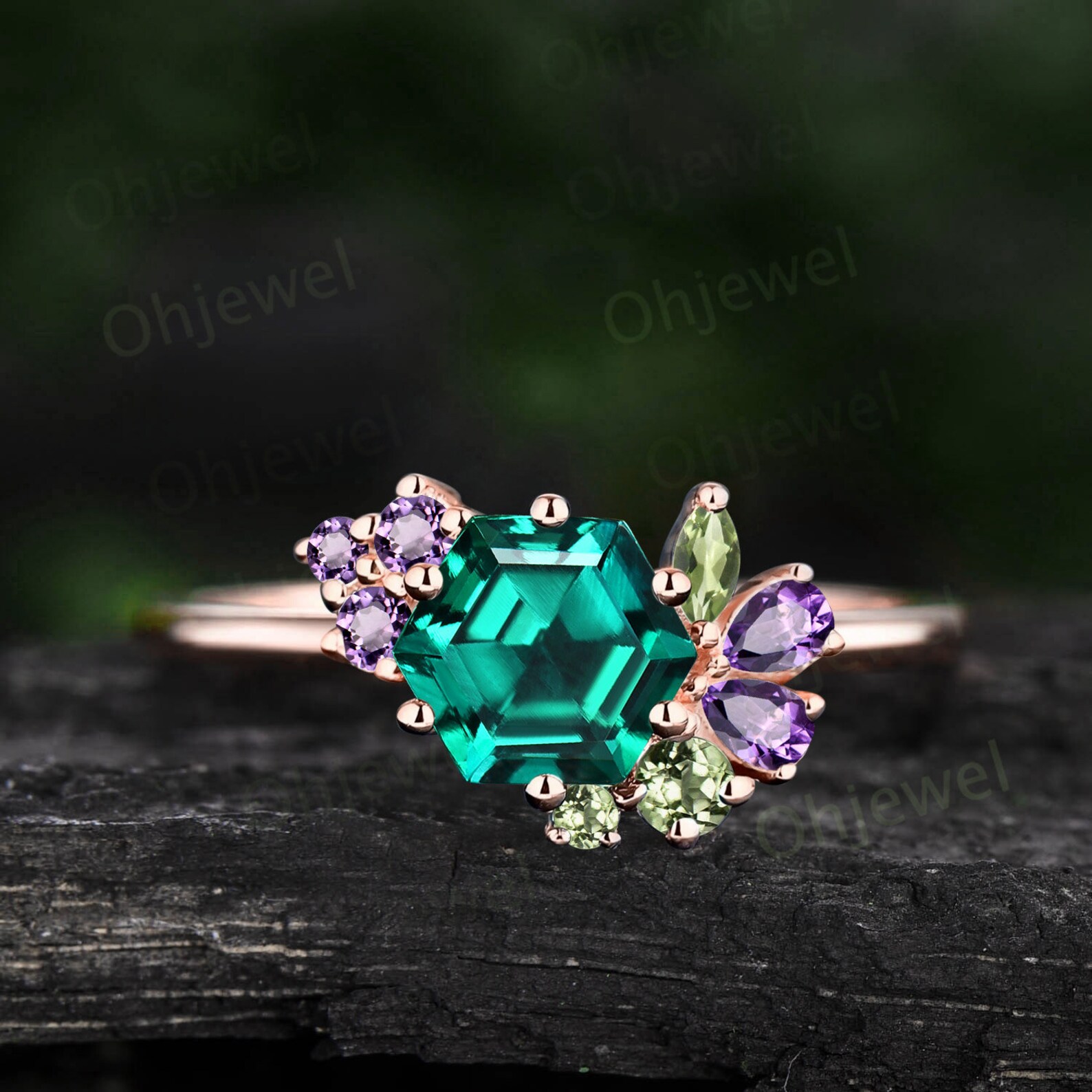 Hexagon Cut Emerald Ring Gold Cluster Peridot Amethyst Ring - Etsy