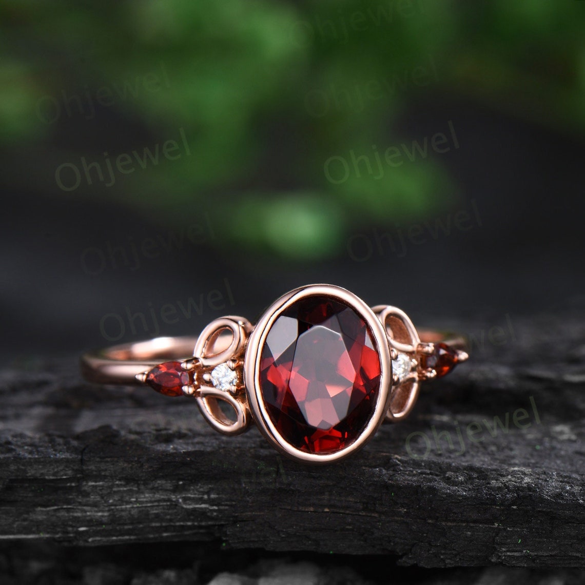 Oval Red Garnet Ring Vintage Rose Gold Bezel Unique Engagement Ring Art ...