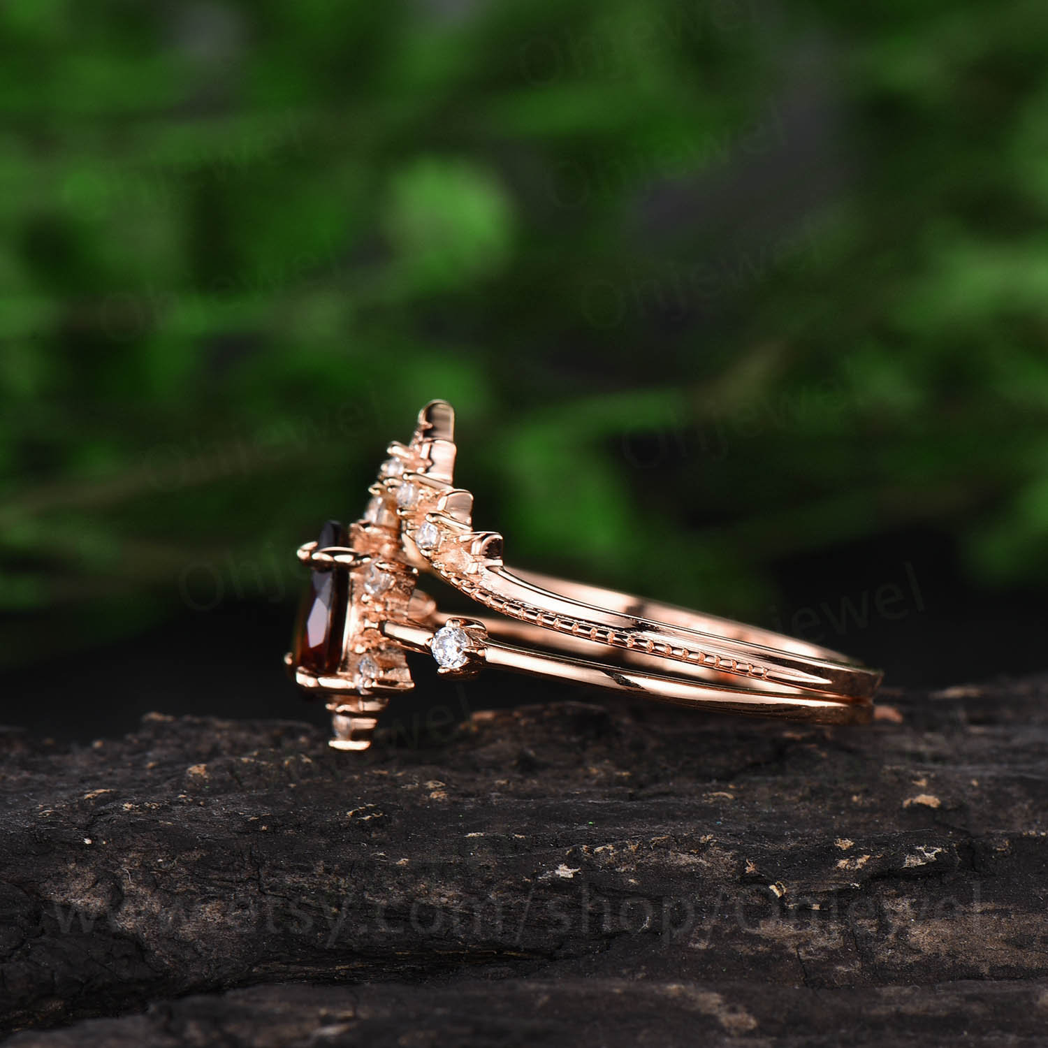 Rose Gold Ring Set Unique Vintage Engagement Ring 2pcs Pear | Etsy