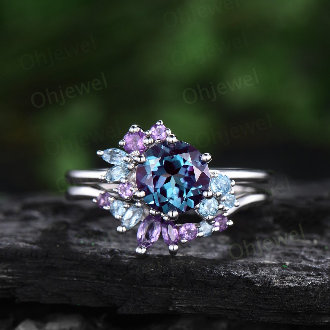 Vintage Round Alexandrite Engagement Ring White Gold Snowdrift Cluster ...