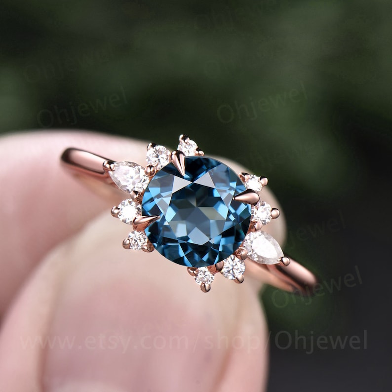 Round Cut London Blue Topaz Engagement Ring Topaz Ring Vintage Cluster ...