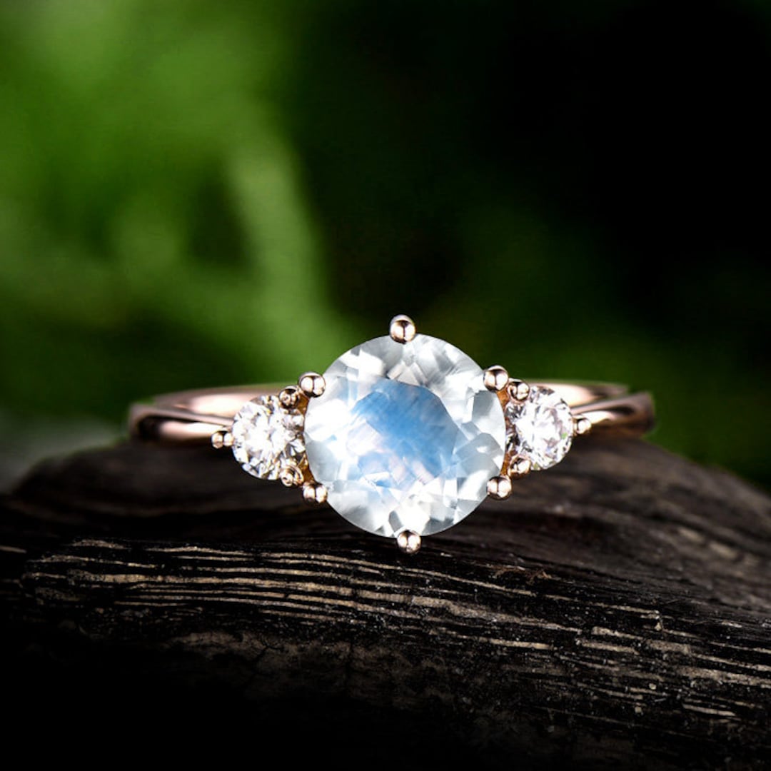 Three Stone Moonstone Engagement Ring Rose Gold 14K/18K Moonstone Ring ...