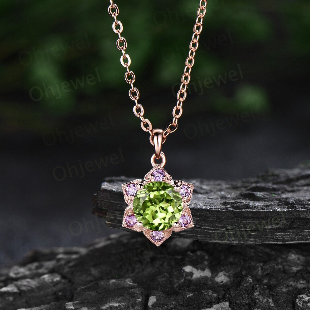 Round Peridot Necklace Vintage Milgrain Floral Purple Amethyst Pendant ...