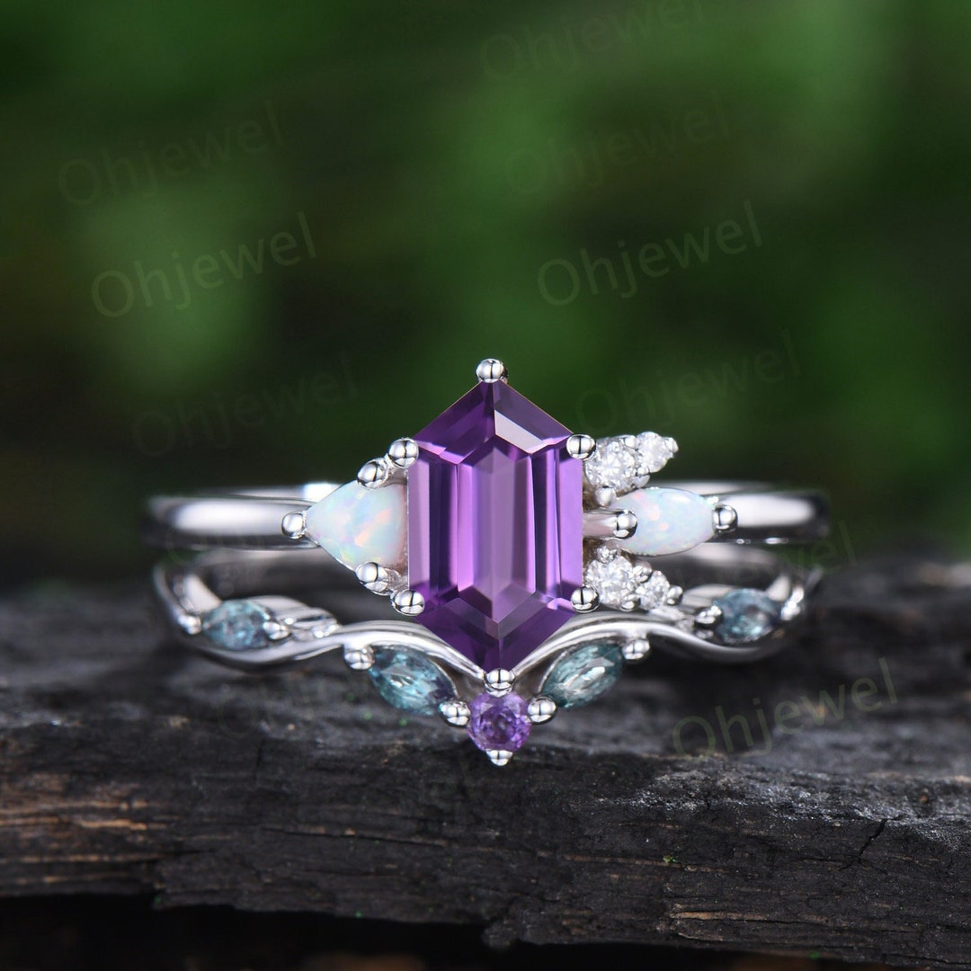 Long Hexagon Amethyst Engagement Ring Women Trillion Opal Moissanite ...
