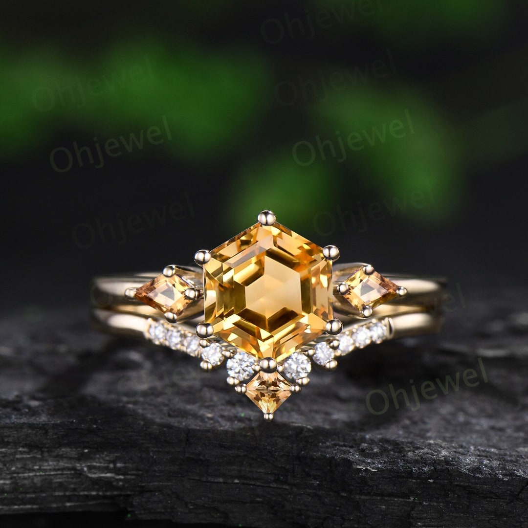 Hexagon Cut Citrine Engagement Ring 14k Yellow Gold Three Stone Kite Citrine Ring Women Crystal ...