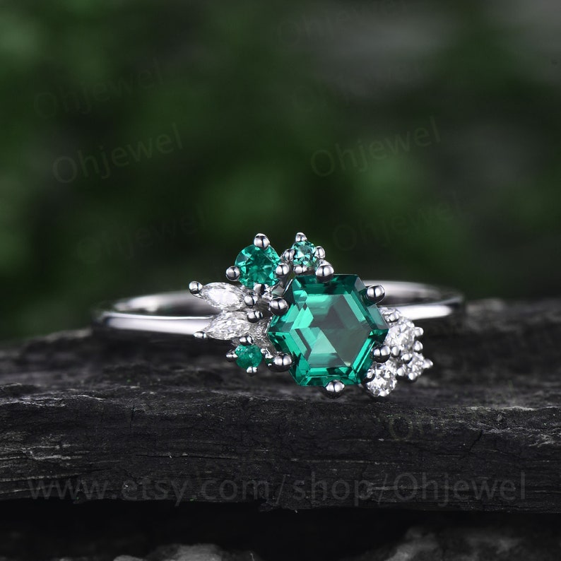 Hexagon Cut Emerald Ring Gold Silver for Women Cluster Vintage - Etsy