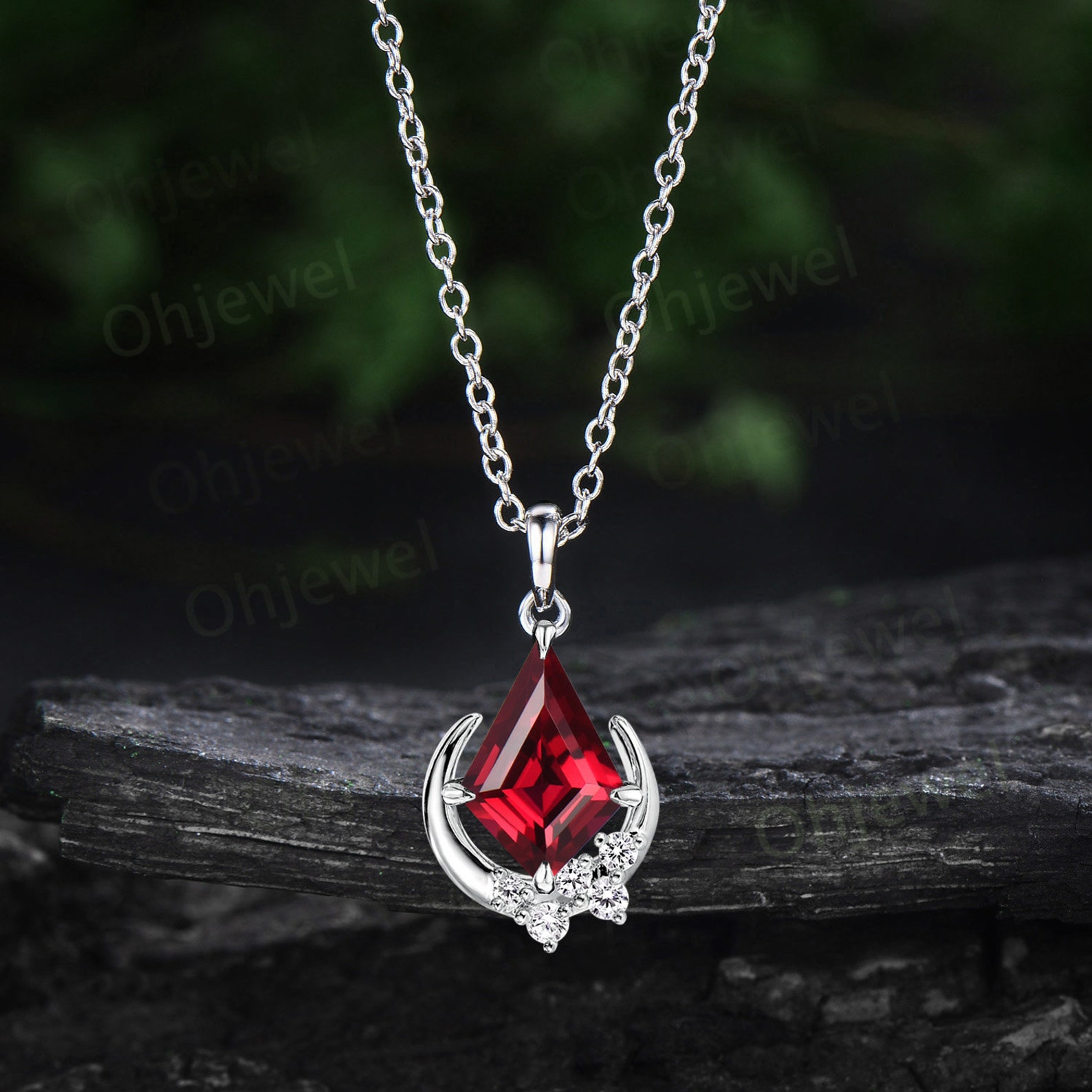 Kite Cut Red Ruby Necklace Solid 14k Rose Gold Unique Moon Necklace ...