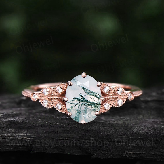 Vintage Oval Cut Green Moss Agate Engagement Ring Leaf Flower Ring Milgrain Rose Gold Moissanite Ring for Women Unique Bridal Wedding Ring Etsy