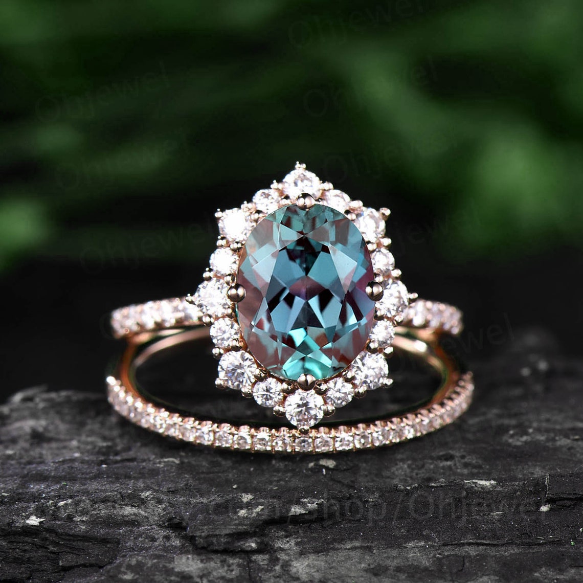 1.6ct Oval Cut Alexandrite Ring Vintage Unique Engagement Ring 2pcs ...