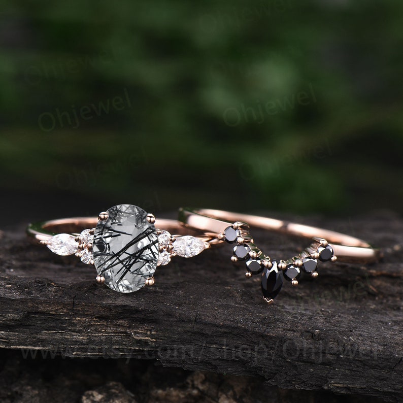 Oval Cut Black Rutilated Quartz Engagement Ring Set Rose Gold | Etsy