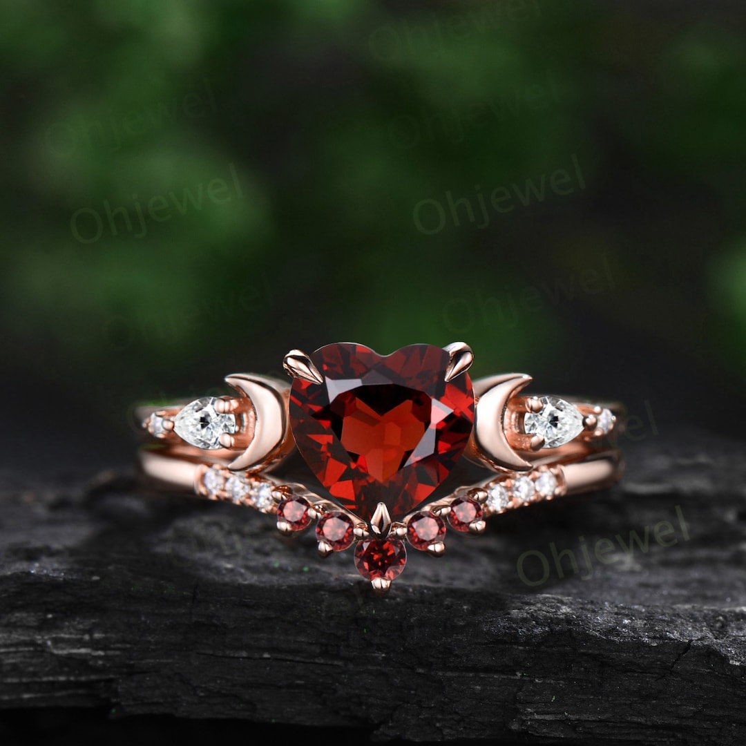 Heart Shaped Red Garnet Engagement Ring Rose Gold Five Stone Moon Pear ...