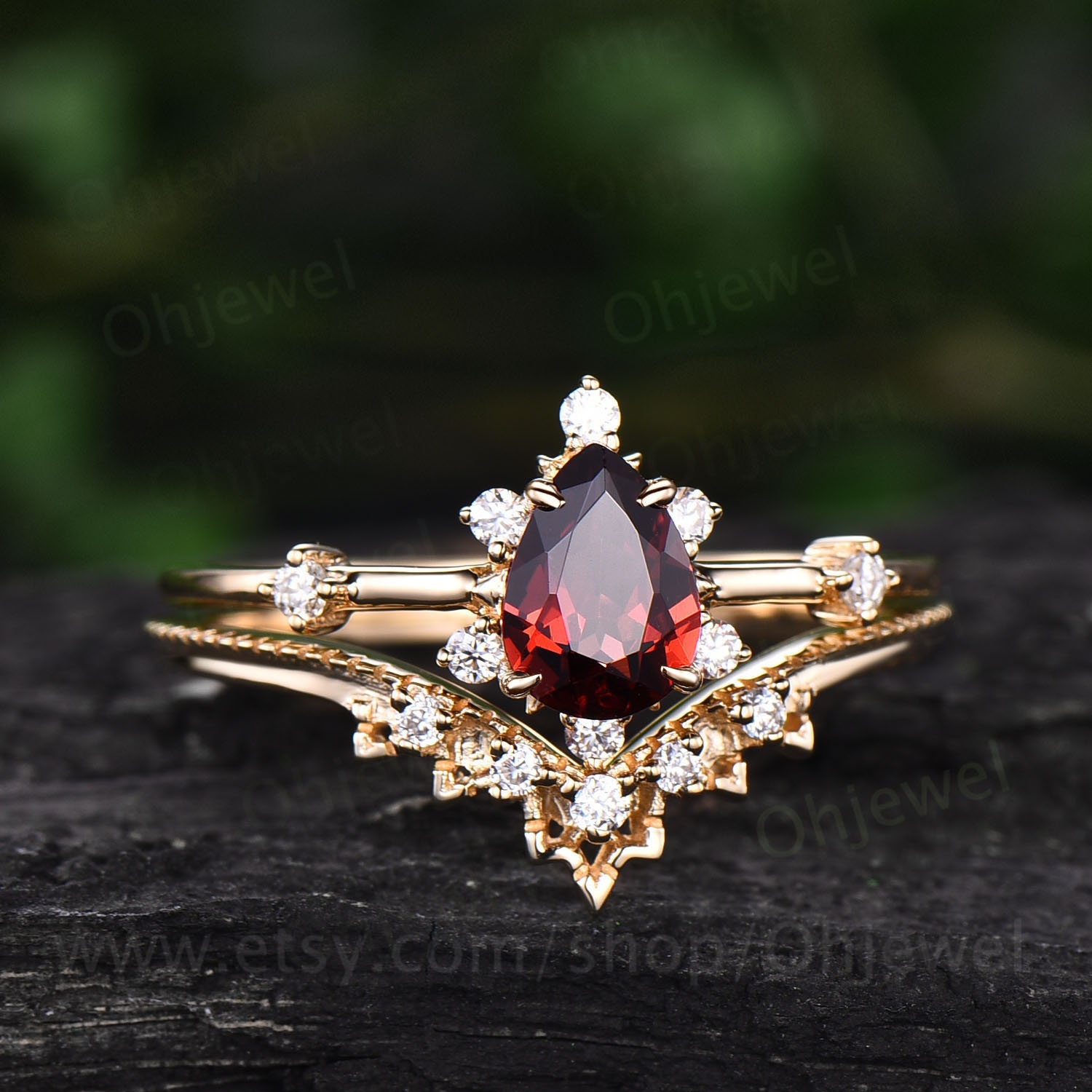 Rose Gold Ring Set Unique Vintage Engagement Ring 2pcs Pear | Etsy