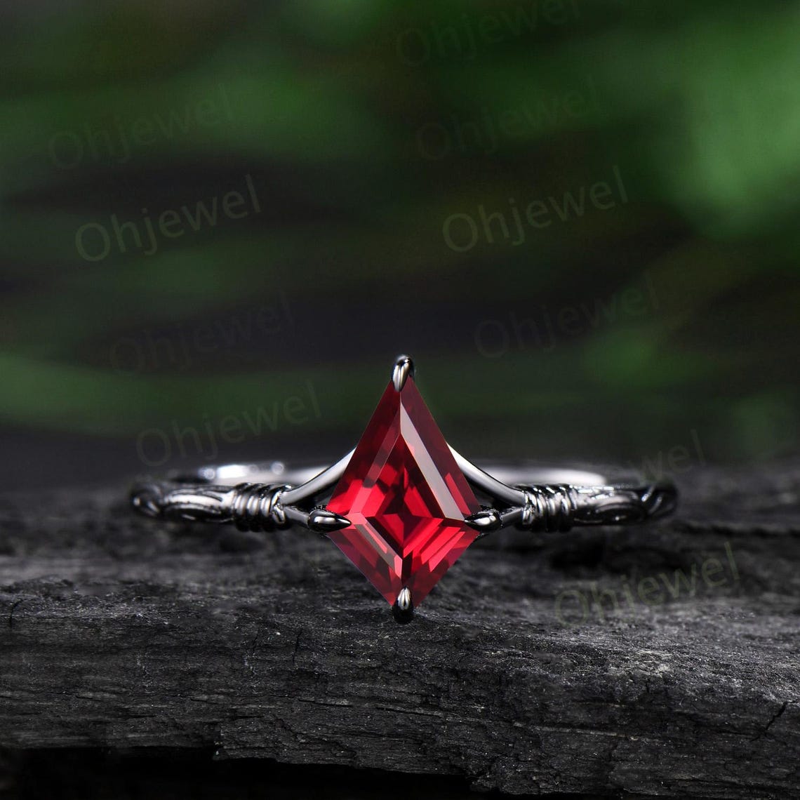 Vintage Kite Cut Red Ruby Engagement Ring Set 14k Black Gold Etched ...