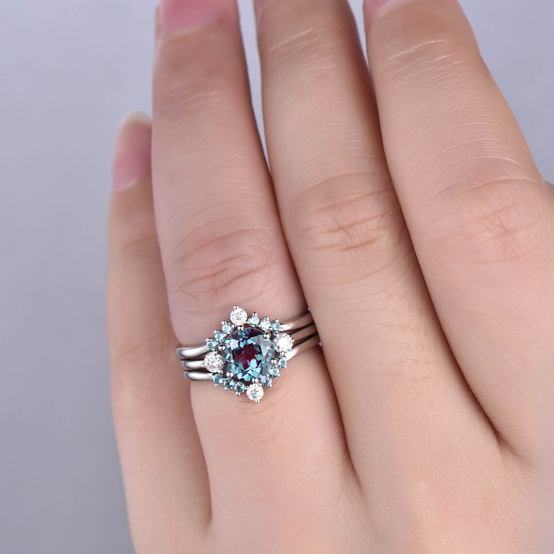 Alexandrite Ring Set Unique Alexandrite Engagement Ring Set - Etsy