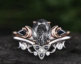 Vintage Black Rutilated Quartz Engagement Ring 14k Rose Gold Oval Cut ...