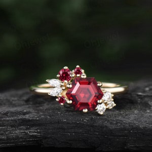 Hexagon Cut Red Ruby Ring Gold Silver for Women Vintage Unique Ruby ...