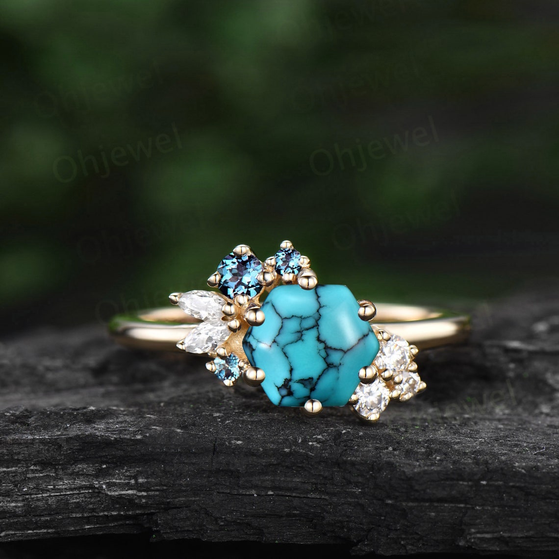 Hexagon Cut Turquoise Ring Rose Gold for Women Vintage Unique Turquoise ...
