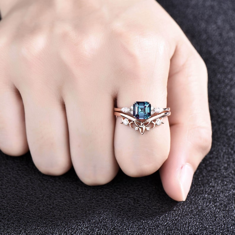 Asscher Cut Alexandrite Engagement Ring Set Solid 14k Rose Gold Art ...