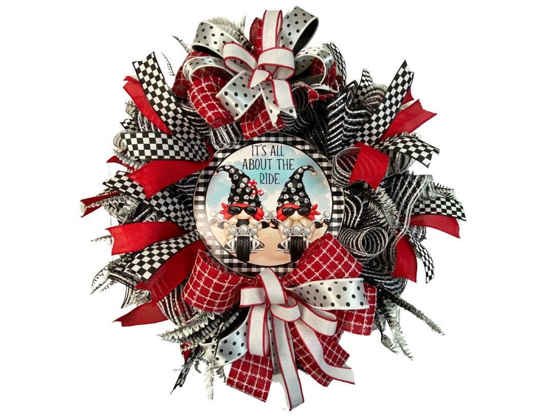 Motorcycle Gnome Wreath for Front Door, Biker Decor, Checkered Racing ...