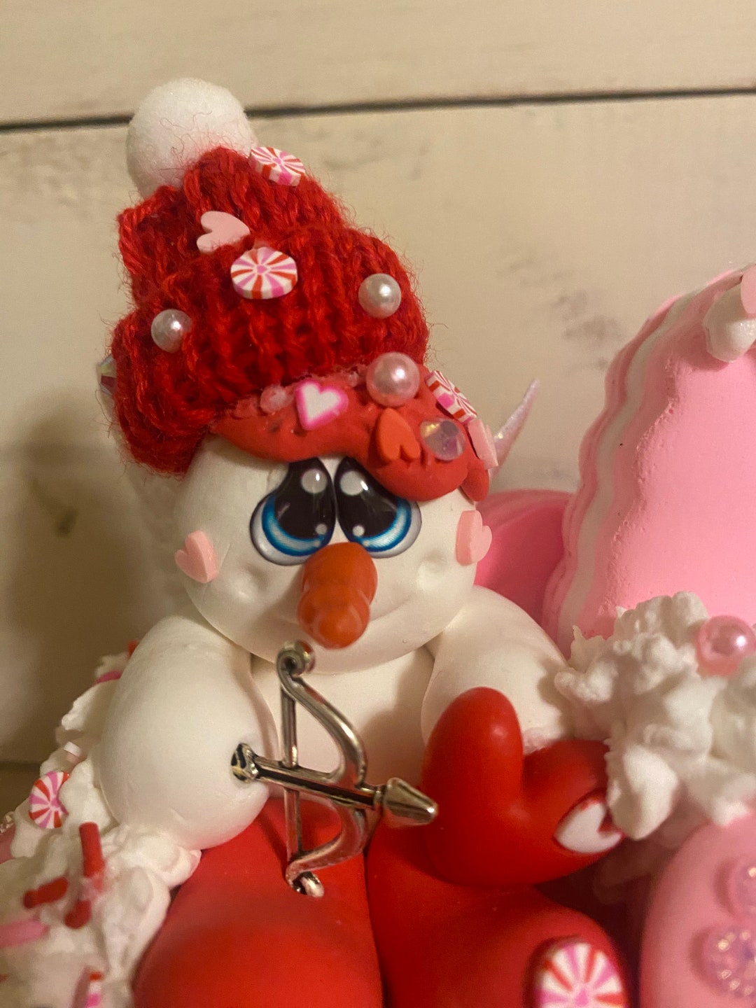 Cupid Snowman With Heart Shaped Clay Cookies All on a Pink Heart Shaped ...
