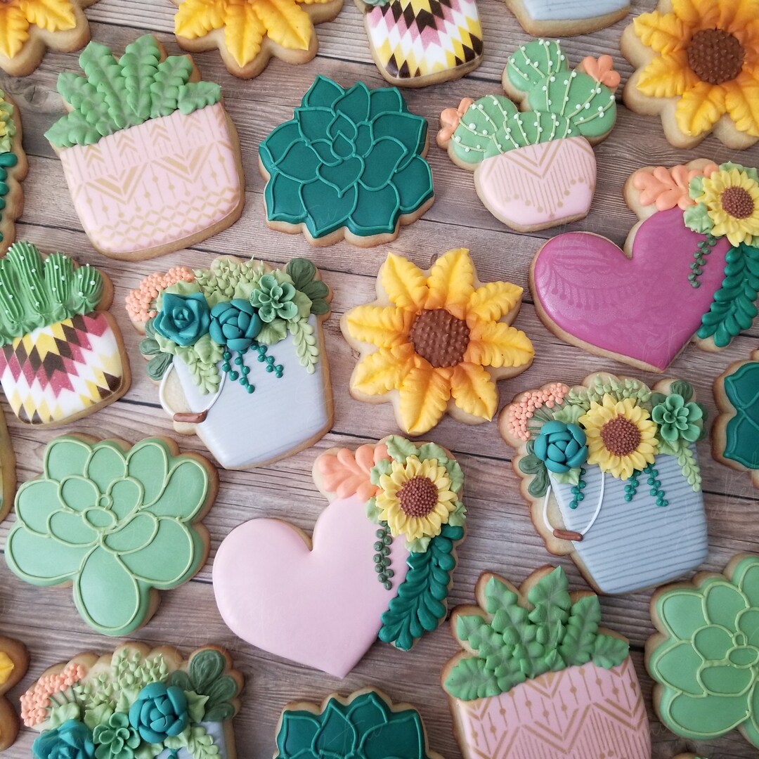 Succulents & Sunflowers Cookies 2 Dozen Boho Cactus Southwestern Fall ...