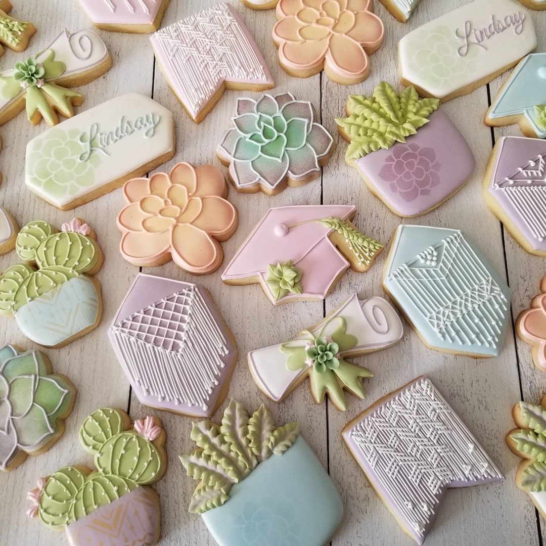 Boho Chic Graduation Cookies 2 Dozen Succulent Macrame Modern Bohemian ...