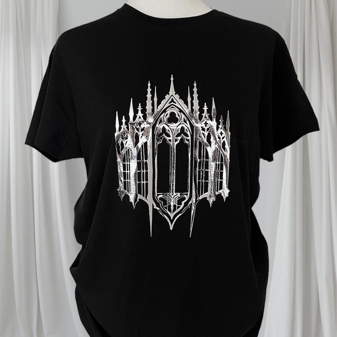 Gothic Cathedral Window Unisex T-shirt Regular Size in Silver Foil or ...