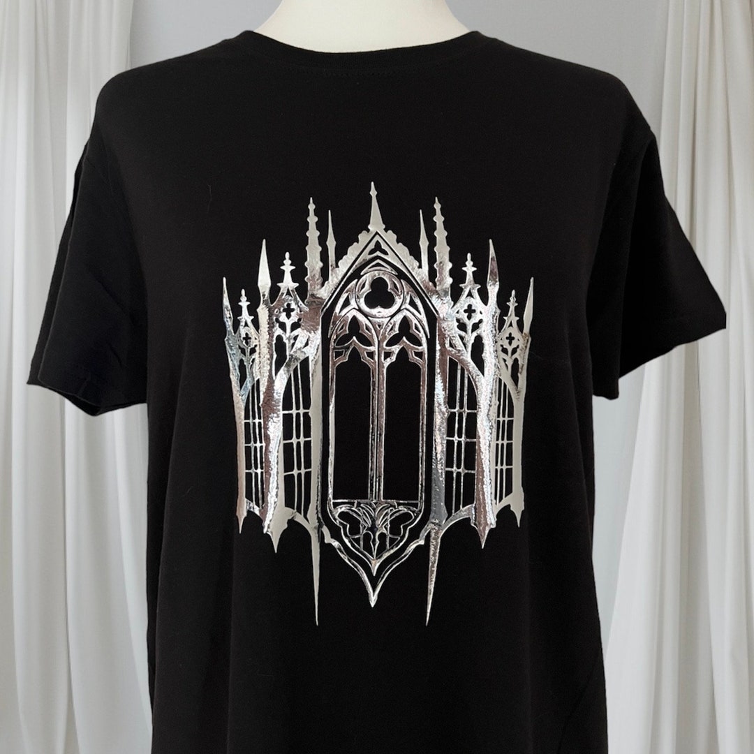 Gothic Cathedral Window Unisex T-shirt Regular Size in Silver Foil or ...