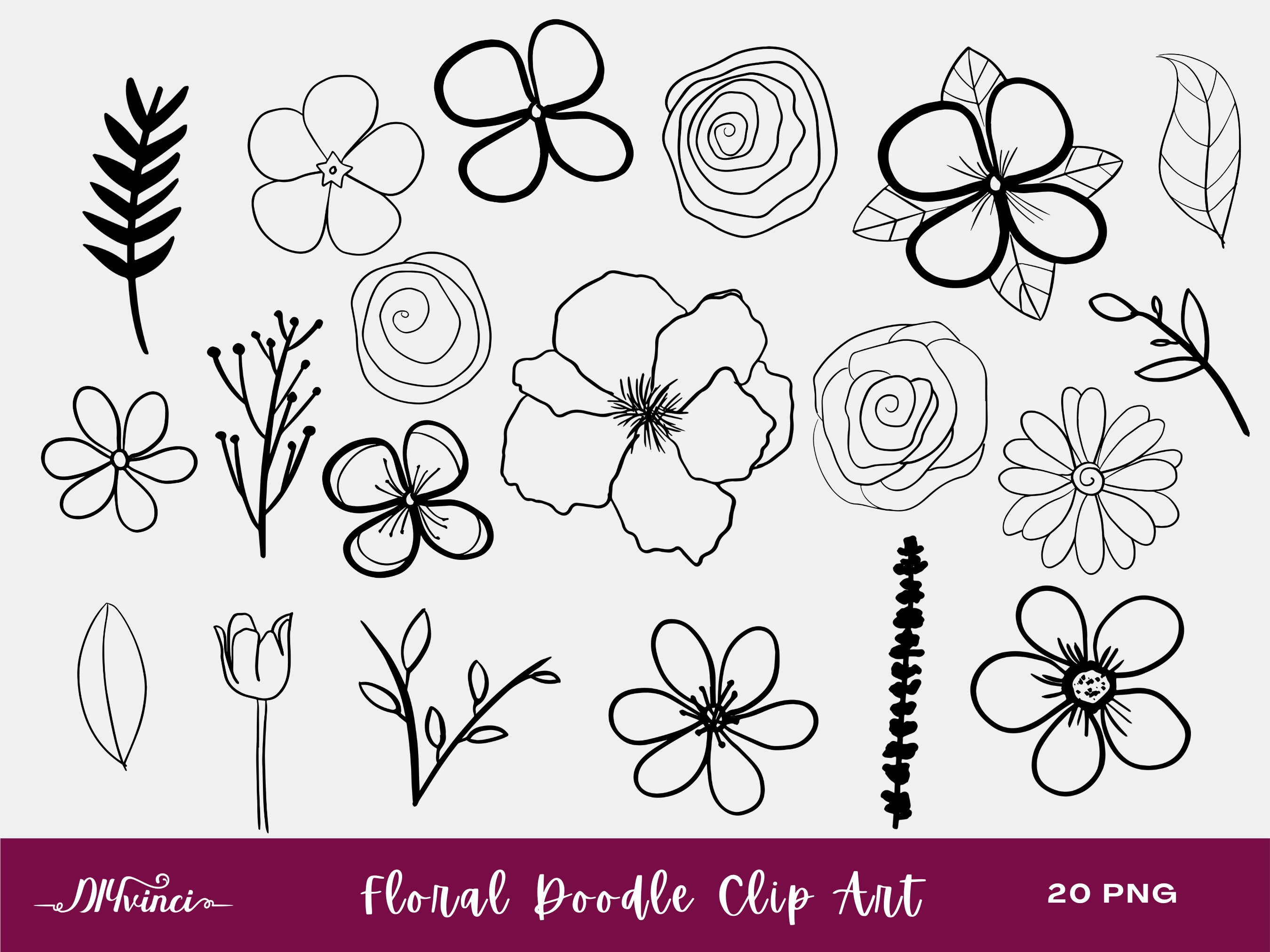 Floral Doodle Clip Art 20 PNG Personal & Commercial Use | Etsy