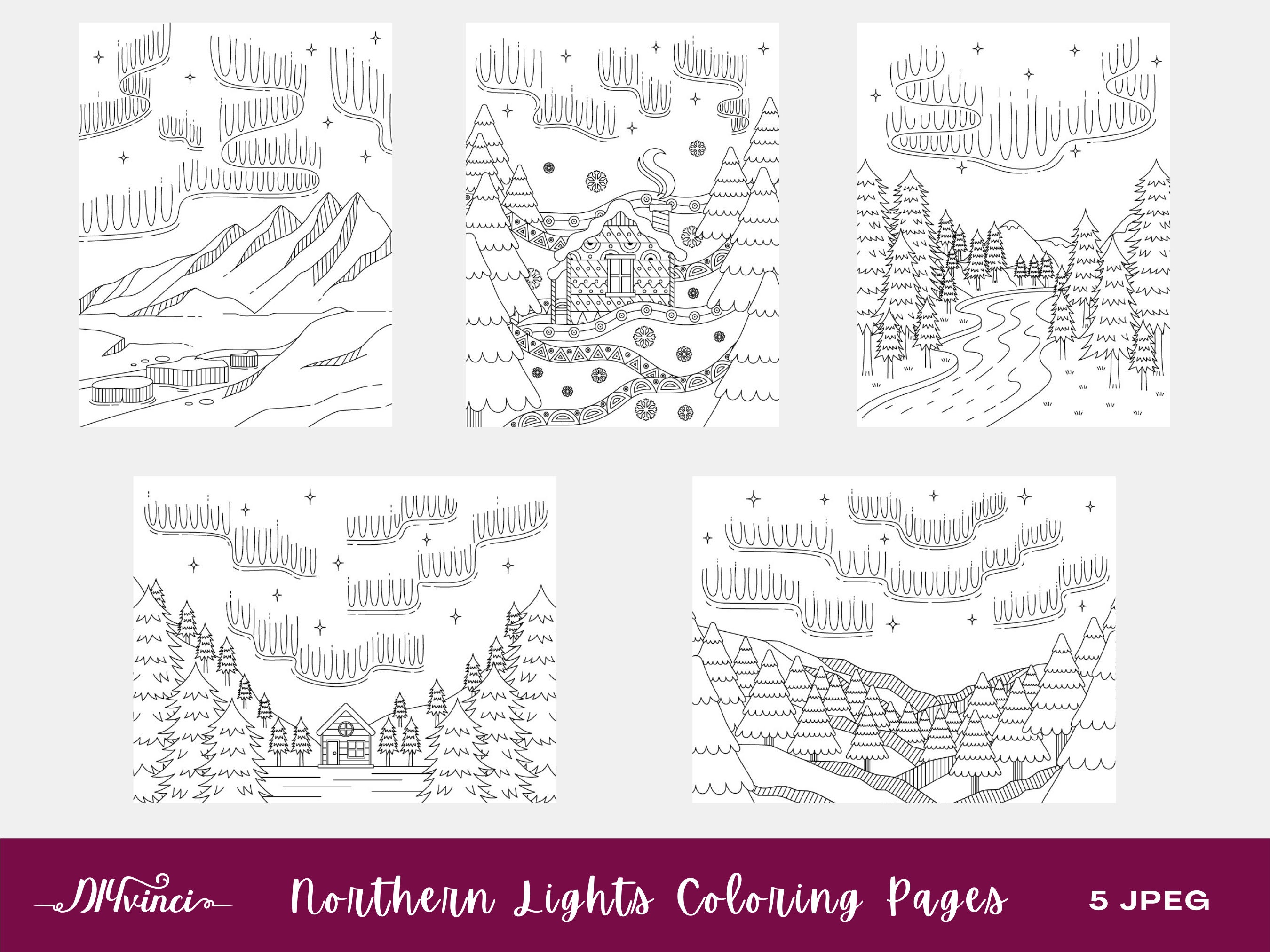 5 Northern Lights Printable Coloring Pages JPEG Personal | Etsy