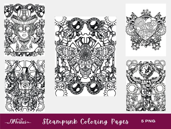 5 Steampunk Printable Coloring Pages PNG Personal and | Etsy