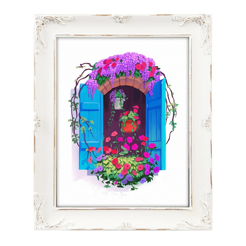 Greek Window Floral Digital Painting Print With Ornate Frame - Etsy